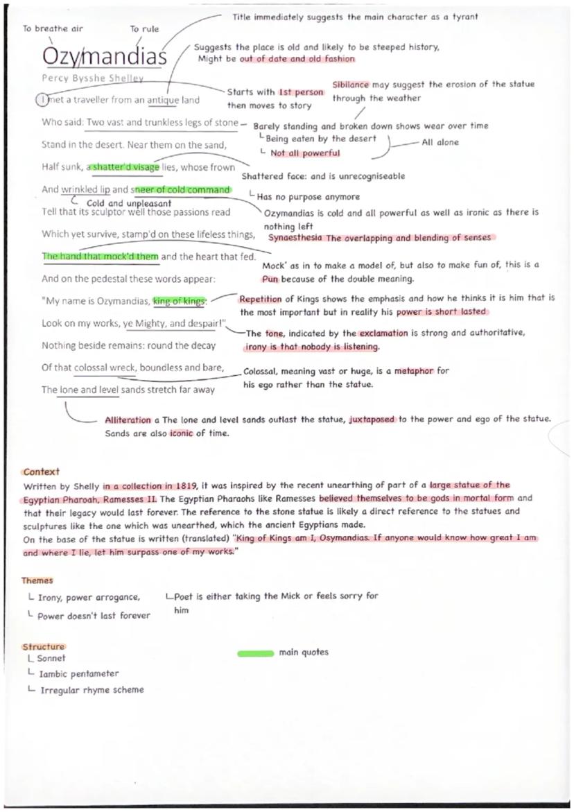Ozymandias and The Prelude Comparison Essay Grade 9 | Ozymandias ...