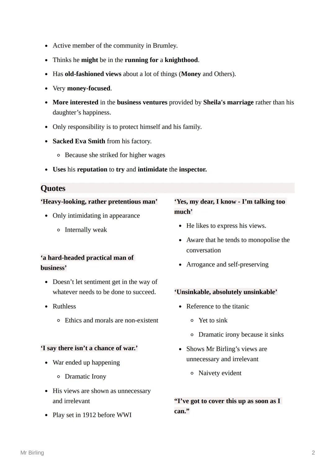 Mr Birling Character Analysis for Inspector Calls GCSE - Quotes and ...