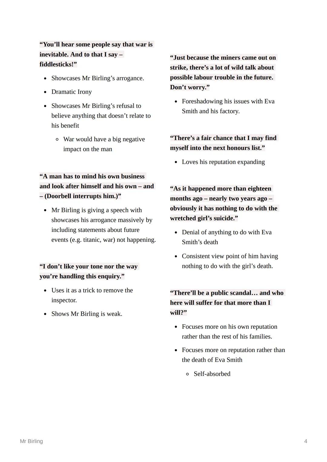 Mr Birling Character Analysis for Inspector Calls GCSE - Quotes and ...