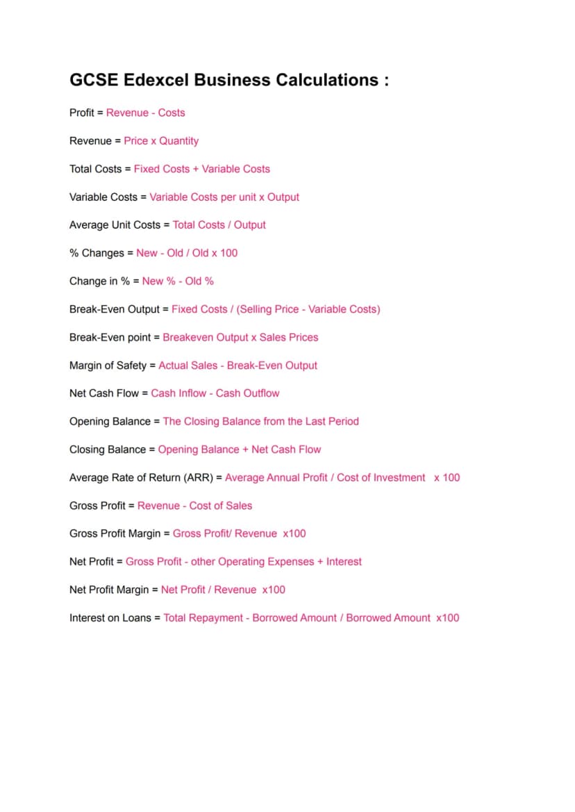 GCSE Edexcel Business Calculations Summary PDF: Formulas and Practice ...