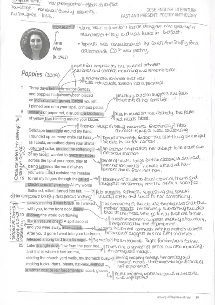 GCSE Poppies Poem Analysis and Annotations by Jane Weir (English ...