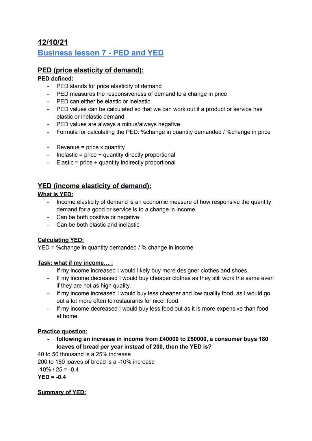 Business Studies - PED and YED (Business) as PDF - Knowunity